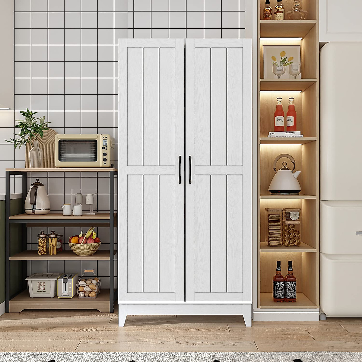 AIEGLE Kitchen Pantry Cabinet with Sliding Tray, 2 Door Freestanding Cupboard Storage Organizer with Drawers, Wine & Seasoning Rack, White 68.9" Tall