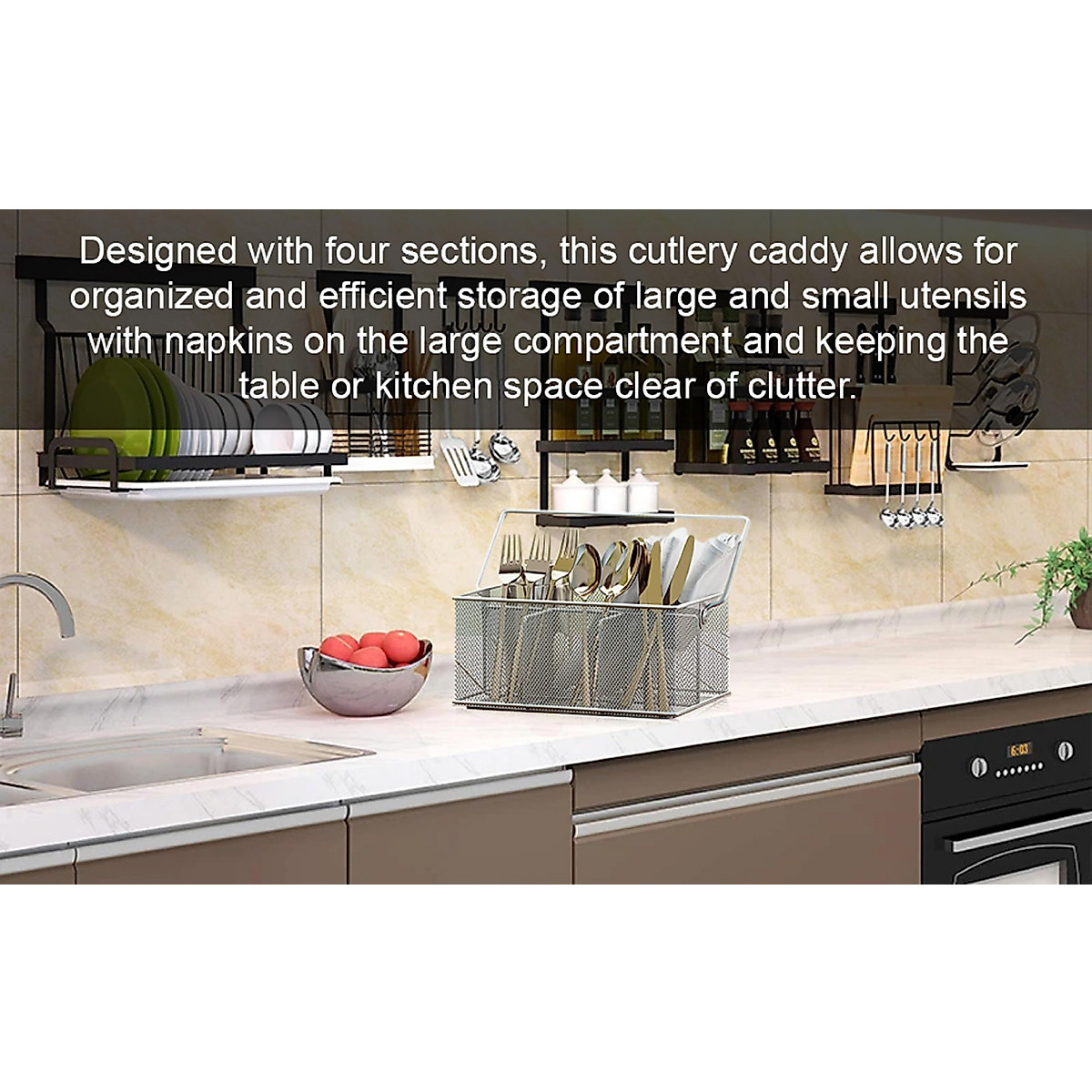 YBM HOME Mesh Basket Utensil Holder & Picnic Silverware Caddy Organizer with Four Compartments and Napkin Storage, Black