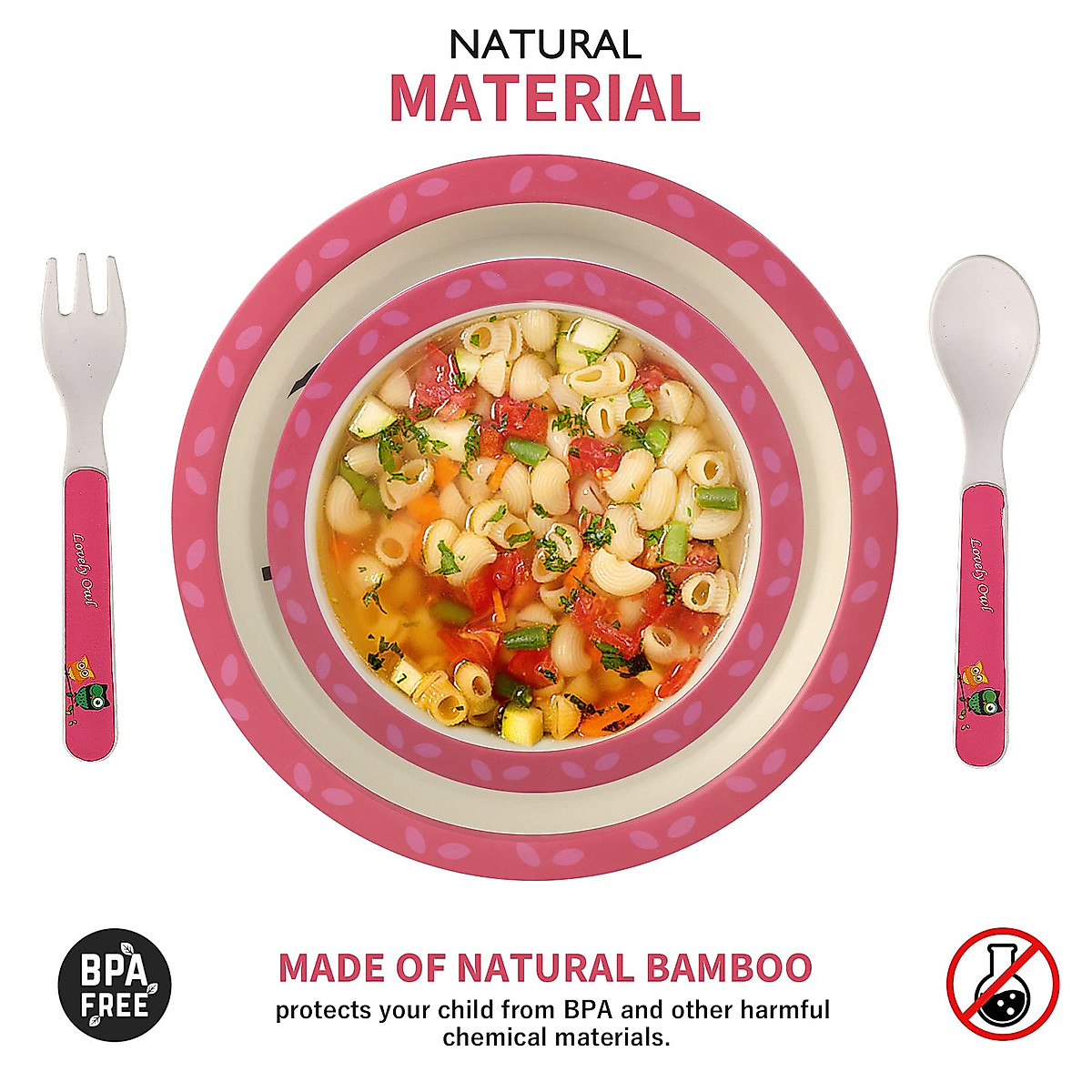 Greentainer 5 PC Kids Toddler Dinnerware Sets Bamboo Toddlers Dishes Set Kids Feeding Plates and Bowls Sets with Sunction and Utensil Flatware Durable & BPA Free