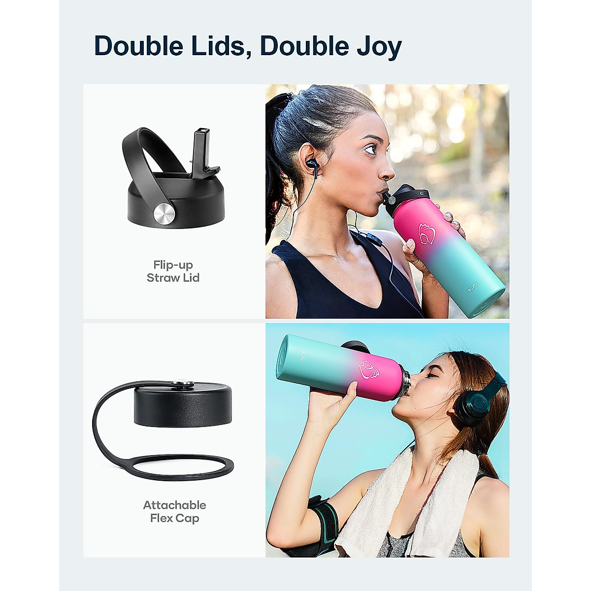 BUZIO Stainless Steel Water Bottle, 40oz Vacuum Insulated Double Wall Leak Proof Sports Water Bottle with Straw Lid and Flex Cap for Gym Travel Camping, Rose and Green