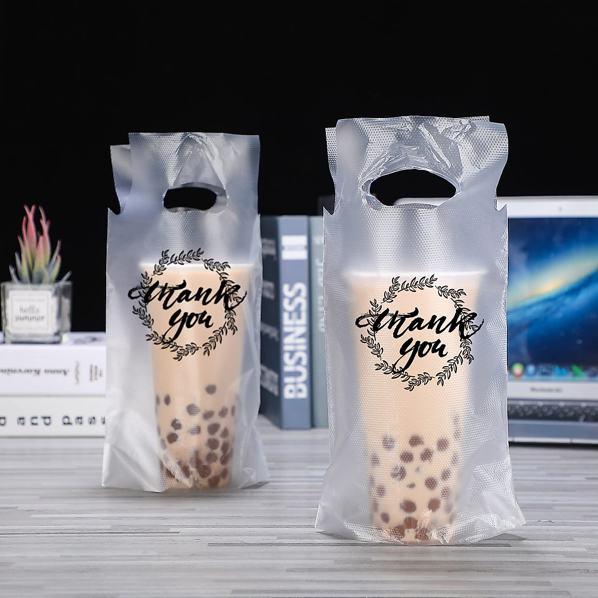 Kisston 1000 Pcs Drink Carrier for Delivery, Plastic Drinking Carrier Bags Thank You Clear Handle Drink Poly Bags Drink Bags Bulk Cup Carrier for Coffee Tea Beverage Juice (Hold 1 Cup)