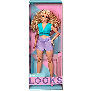 Barbie Looks Doll with Curly Blonde Hair Dressed in Ruched Crop Top & Satiny Lavender Shorts, Posable Made to Move Body For 6 years and older