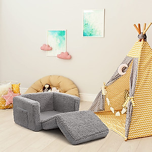 ALIMORDEN 2-in-1 Flip Out Cuddly Sherpa Toddler Couch, Convertible Sofa to Lounger, Grey