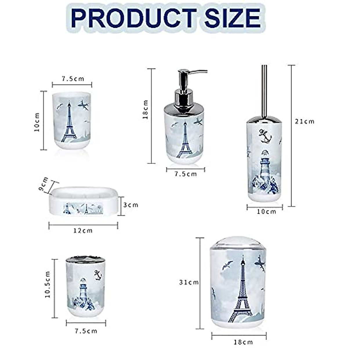 6 Piece Plastic Bathroom Accessory Set Luxury Lighthouse Bath Accessories Bath Set Lotion Bottles,Toothbrush Holder,Tooth Mug,Soap Dish,Toilet Brush,Rubbish for Modern Design