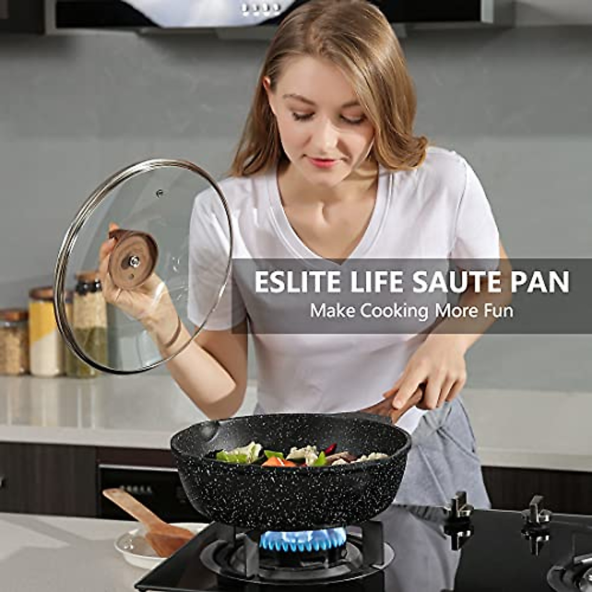 ESLITE LIFE Nonstick Deep Frying Pan with Lid, 3 Quart/9.5 Inch Granite Coating Sauté Pan Compatible with All Stovetops (Gas, Electric & Induction), PFOA Free