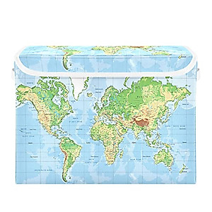 World Map Storage Basket 16.5x12.6x11.8 In Collapsible Fabric Storage Cubes Organizer Large Storage Bin with Lids and Handles for Shelves Bedroom Closet Office