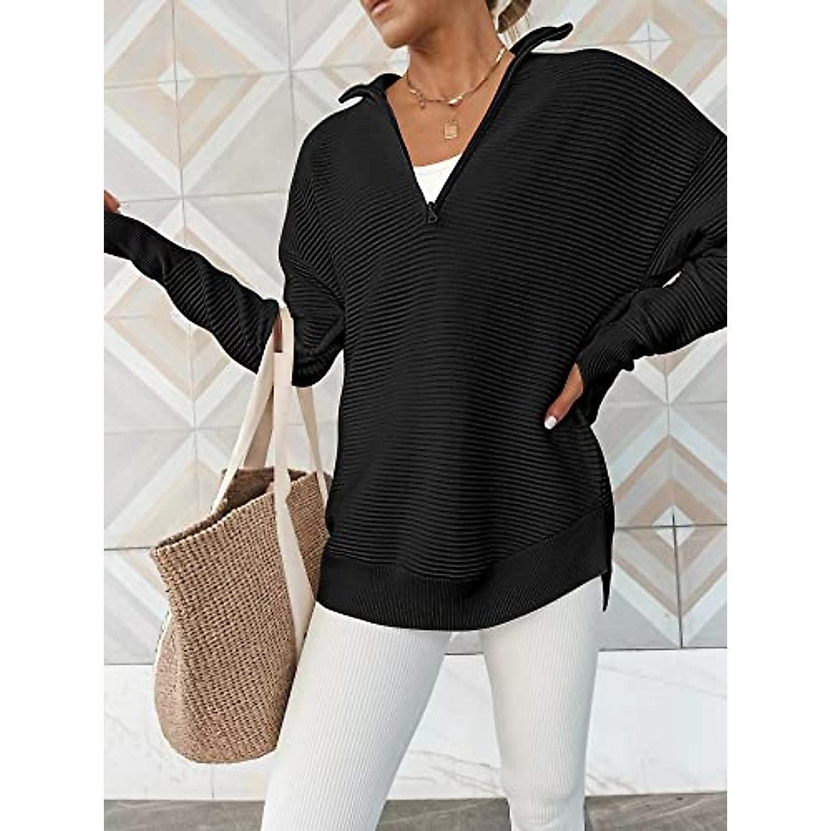 ANRABESS Sweater for Women Oversized Quarter Zip Long Sleeve V Neck Collared Casual Curved Hem Slouchy Ribbed Knit Thumb Hole Pullover Shirt 2023 Fall Winter Trendy Clothes Tops 624heise-M Black