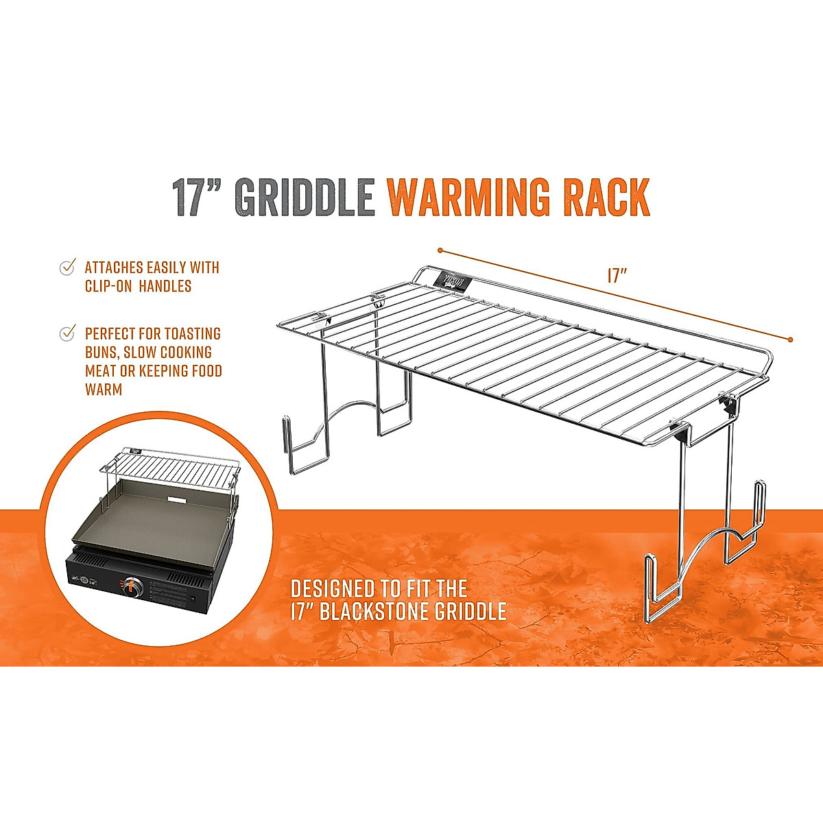 Yukon Glory™ Griddle Warming Rack, Designed for 17" Blackstone Griddles, One-Step Clip On Attachment, Portable and Collapsible