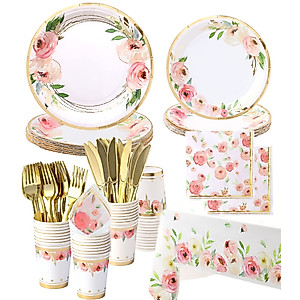Floral Paper Plates and Napkins Party Supplies - Serves 16 - Flower Plates Floral Party Cups Knifes Forks Floral Baby Shower Decorations for Girl Pink and Gold Bridal Shower Tea Party Birthday