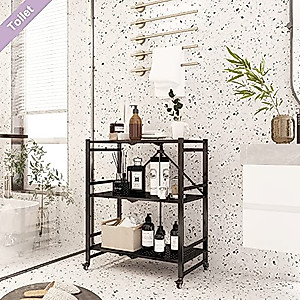 CuHome 3-Tier Foldable Storage Shelves with Wheels, Metal Folding Organizer Rack, Collapsible Shelves Heavy Duty Shelving Units for Kitchen Garage (3-Tier)