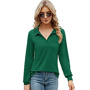 Women's Long Sleeve Polo Shirts V Neck Collared Work Tops Business Casual Tunic Blouse Pocket Green M