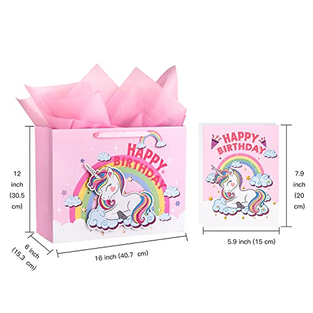 WRAPAHOLIC 16" Extra Large Birthday Gift Bag with Card and Tissue Paper - Fantacy Unicorn Happy Birthday