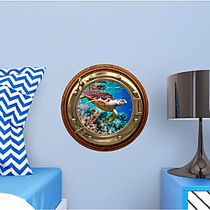 Port Scape Coral Reef Hawksbill Sea Turtle Porthole Brasswood Window Wall Decal Vinyl Sticker Ocean Fish Under Water Sea Life 12 inch