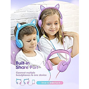 PINGKO Kids Headphones: Toddler Headphones with Microphone - Cat Ear Headphones for Girls Boys, LED Light 3.5mm Jack, 85db Volume, Music Sharing Stereo Earphones for iPad | School | Travel (Purple)
