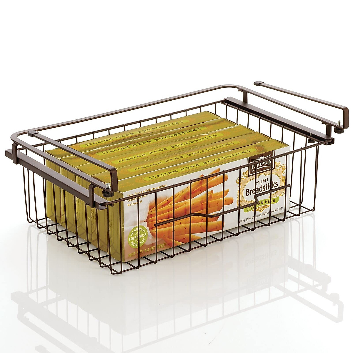 mDesign Large Metal Wire Hanging Pullout Drawer Basket - Sliding Under Shelf Storage Organizer - Attaches to Shelving - Easy Install - 4 Pack - Bronze