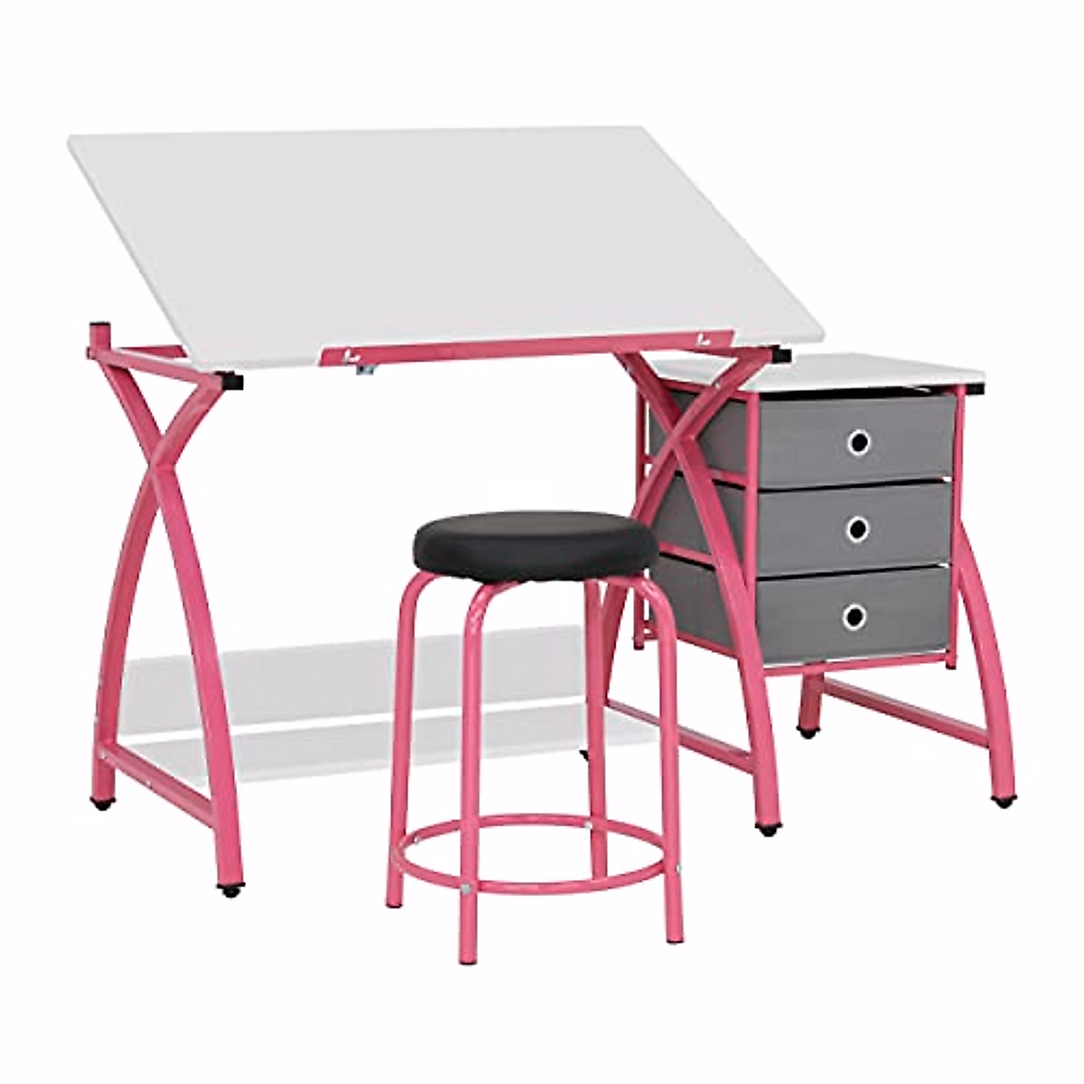 SD STUDIO DESIGNS 2 Piece Comet Center Plus, Craft Table and Matching Stool Set with Storage and Adjustable Top, 50" W x 23.75" D x 29.5" H, Pink/White
