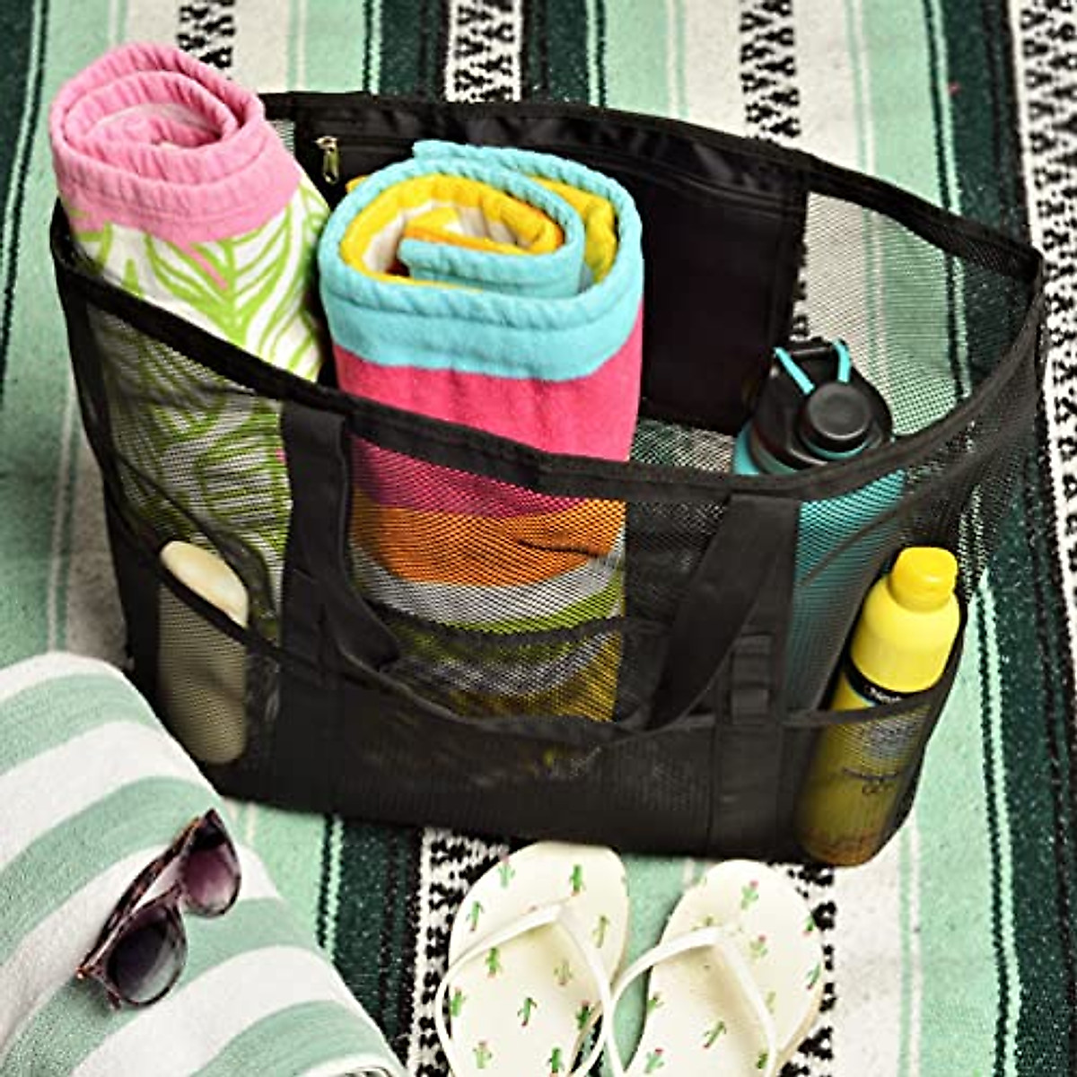 Mesh Beach Tote - Large Vacation & Travel Essentials Black Beach Bag, Foldable & Washable Lightweight Woven Summer Must Haves Swim Tote for Pool, Towels, Clothes, Food, Drinks, Necessities - 24x15x8.5