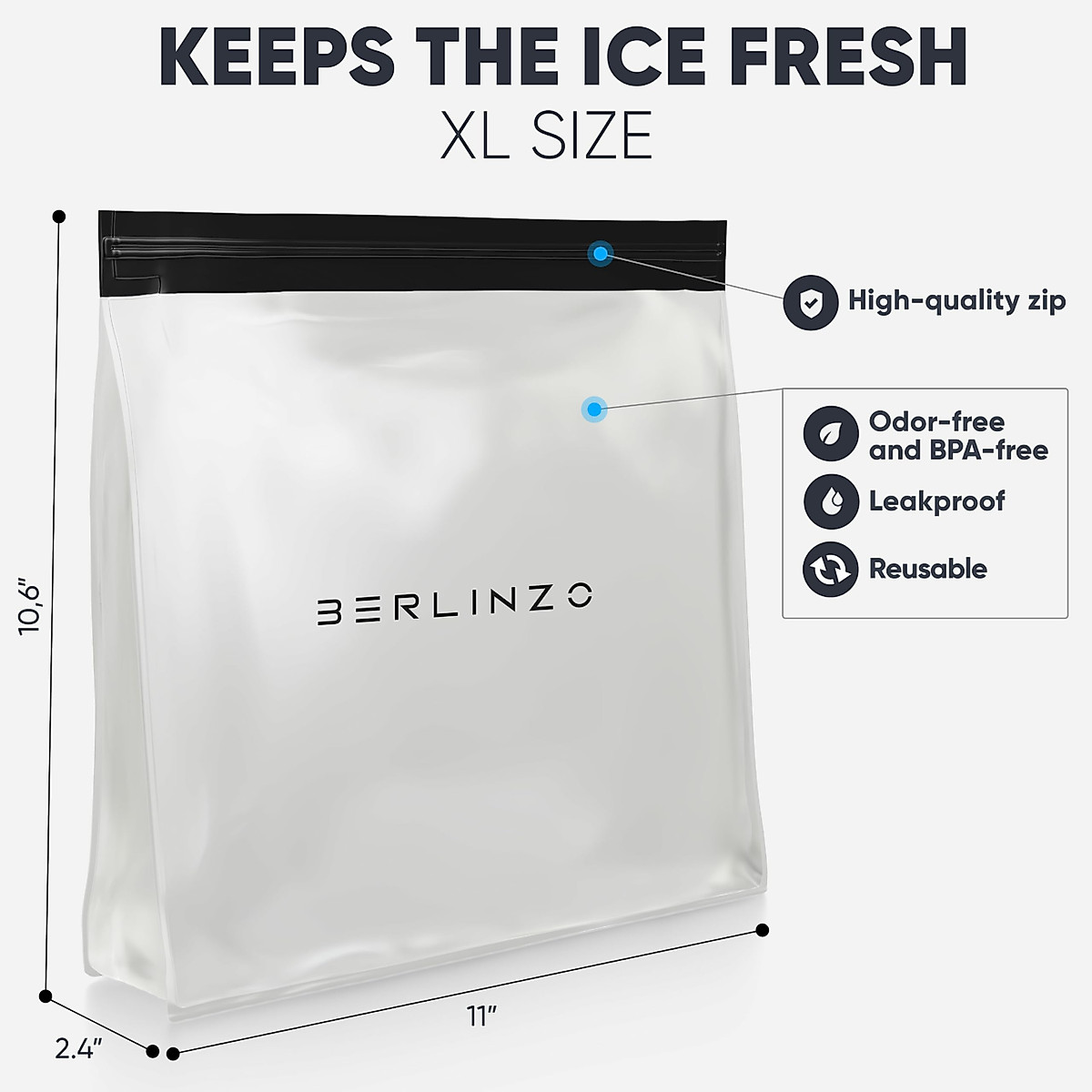 BERLINZO Large Reusable Ice Storage Bag - Freezer Safe Leak Proof Silicone and Plastic-Free Lunch Bag for Ice and Food Storage - BPA-Free XL Size