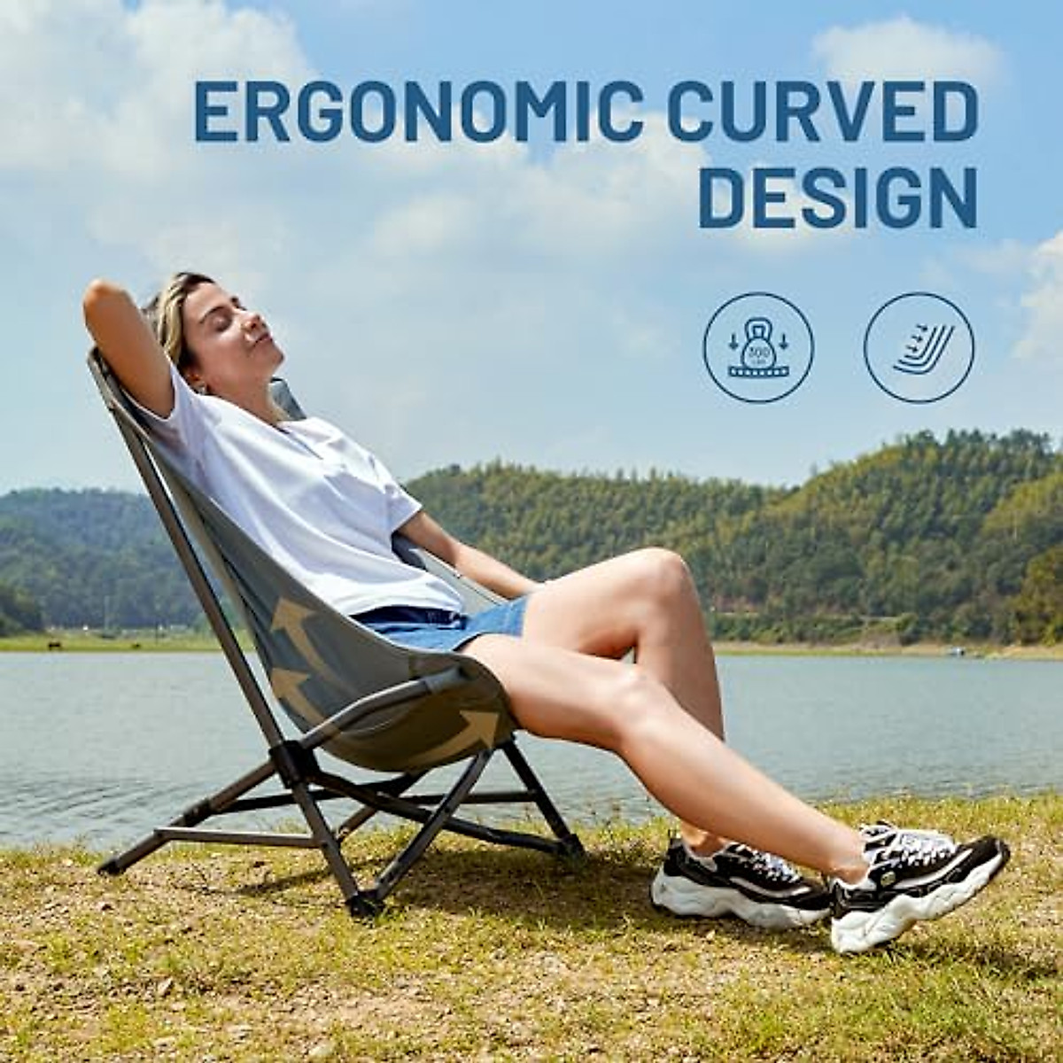 TIMBER RIDGE Lightweight Folding Camping Chair for Adults, Stable Low Seat Beach Chairs with Carry Bag, Portable High Back Chair for Outdoor Camp Sand Lawn Concert Travel Picnic, Supports 300Lbs Grey