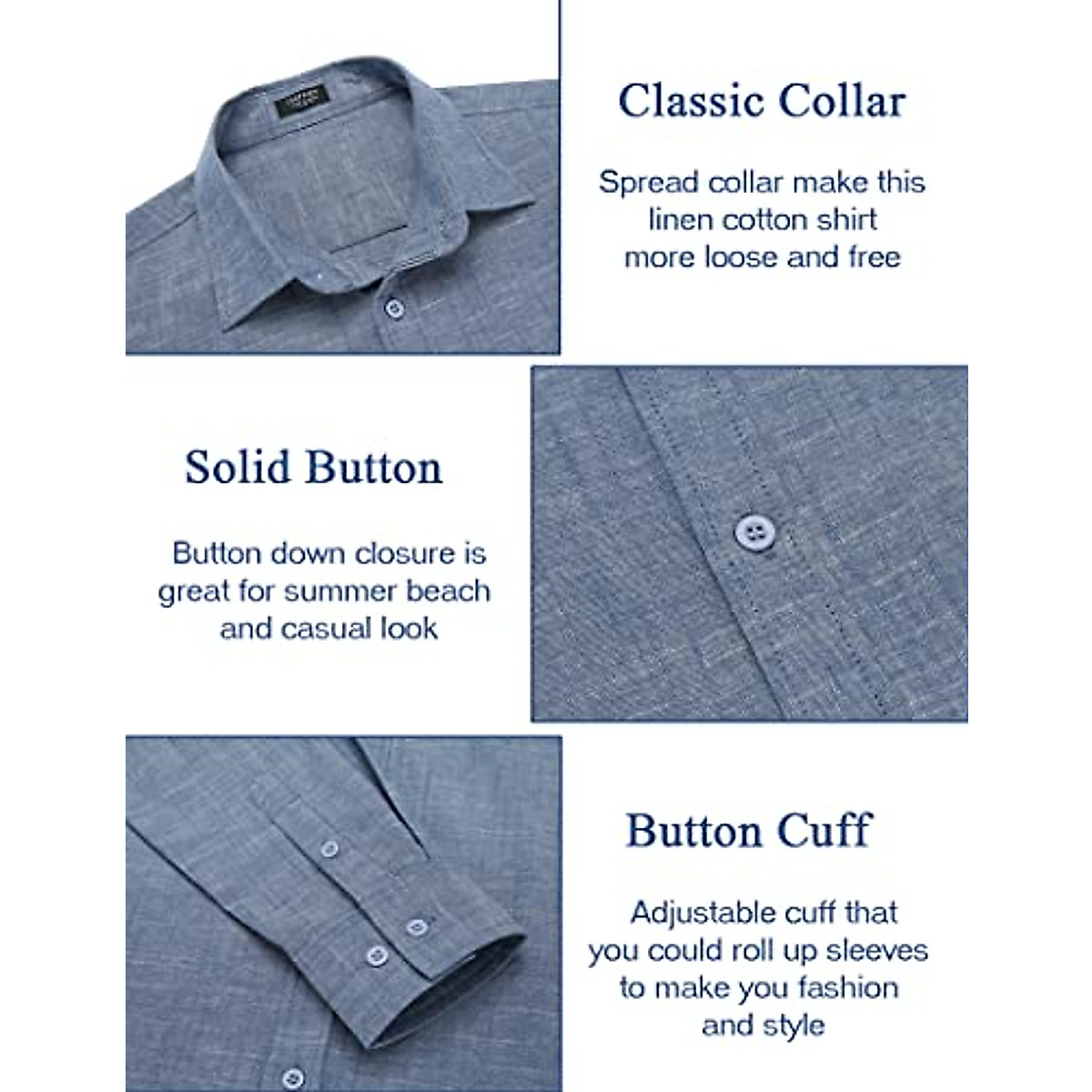 COOFANDY Men's Cotton Linen Long Sleeve Shirt Untuckit Business Button Down Shirts Dark Blue