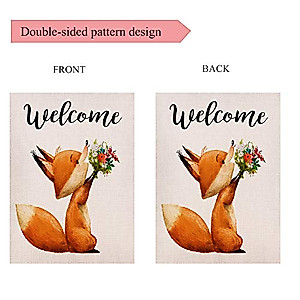 Welcome Garden Flag Cute Little Fox with Floral Bouqet Double Sided Decorative Small Yard Decor Flags 12 X 18 Inch