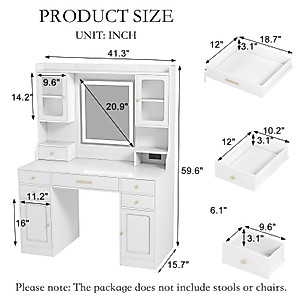 Wakefit Vanity Desk with Mirror and Lights, 42'' Makeup Vanity with Power Outlet, Makeup Table with Drawers and Cabinet, 3 Lighting Modes Adjustable Brightness, for Bedroom, Dressing Room, White