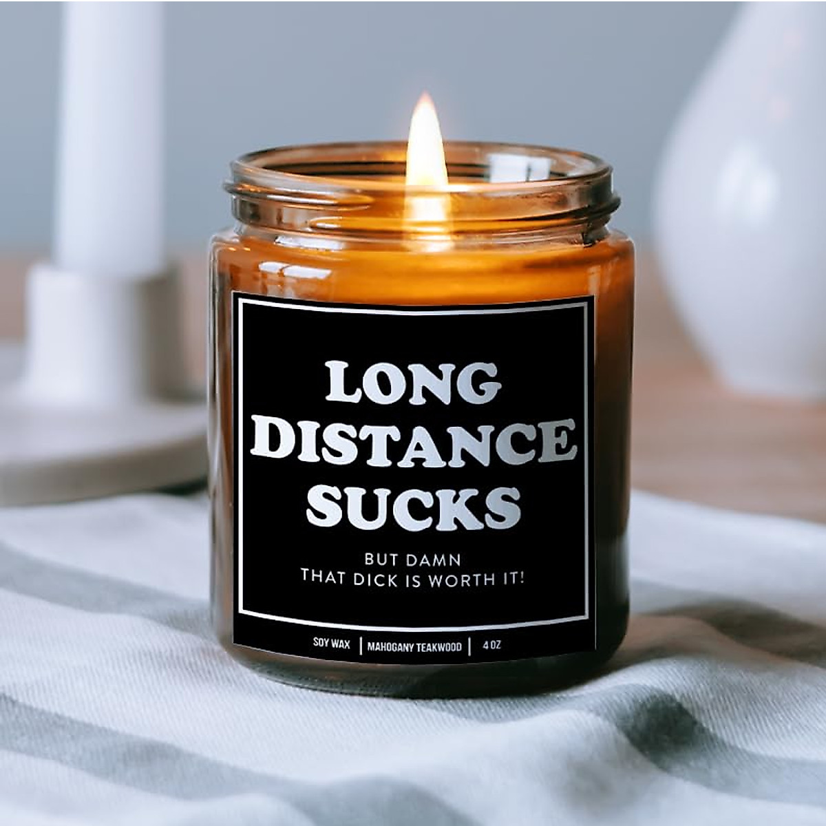 YouNique Designs Long Distance Candle, 4 Ounces, Long Distance Relationship Gifts, I Miss You Gift for Him, White All Natural Soy Vegan Aromatherapy Candles (Mahogany Teakwood A 4 oz)