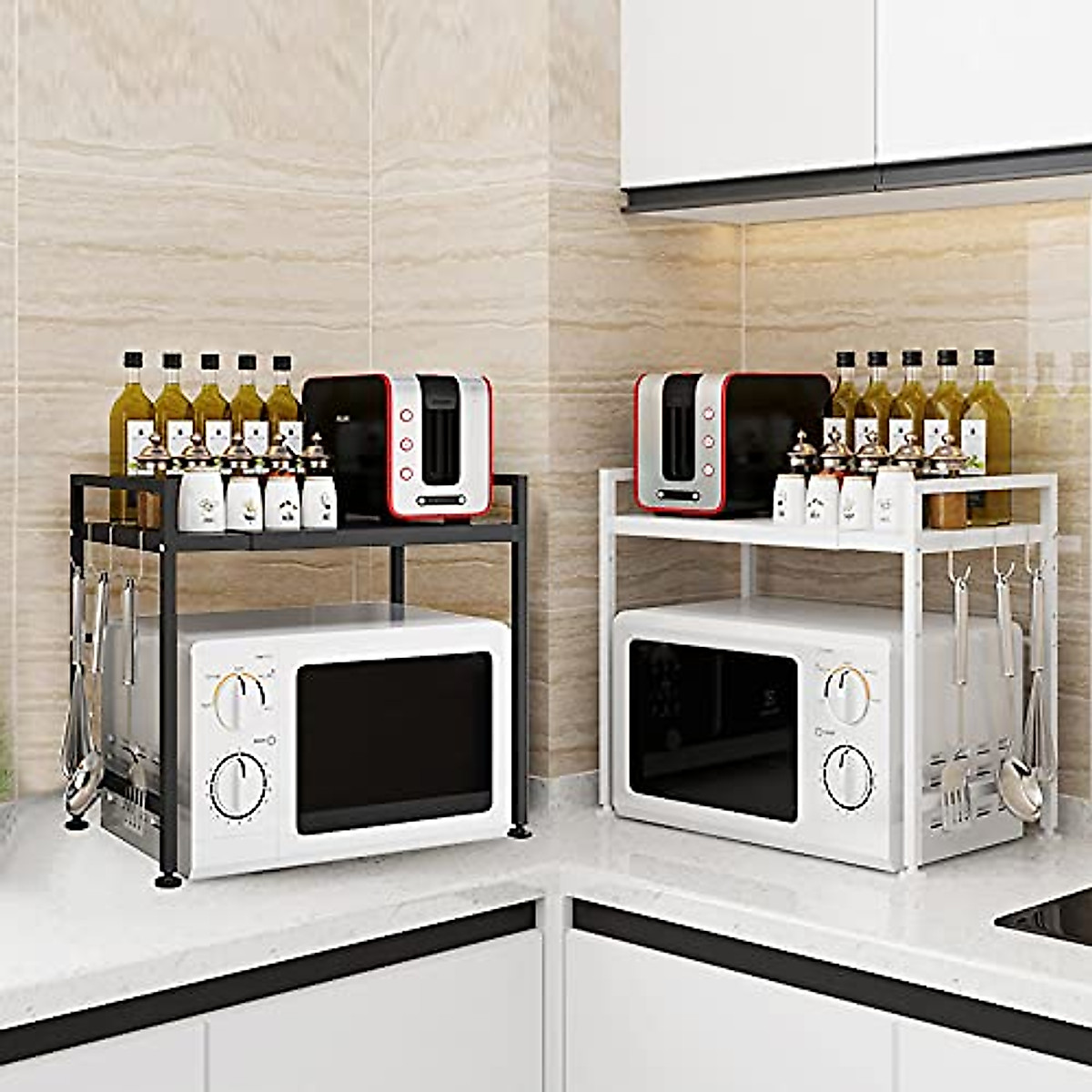 TBVECHI Microwave Oven Rack, 2 Tier Stainless Steel Microwave Stove Expandable Microwave Shelf Space-Saving Shelf and Organiser for Kitchen Worktops with 3 Hooks (White) (2 Tier White)