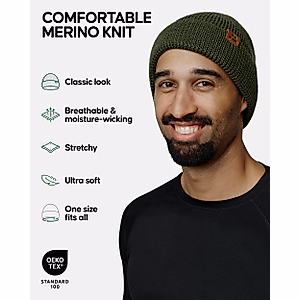 DANISH ENDURANCE Merino Wool Beanie for Men & Women, Knitted Winter Hat, Green, One Size