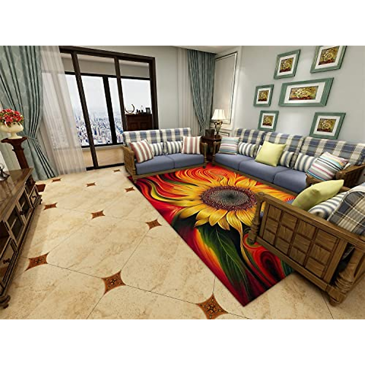HONGXIU Sunflower Area Rug, 6x8ft,Yellow Sunflower Rug, 3D High-Definition Printing Stereoscopic Rug, Suitable for Living Room Bedroom Kitchen Modern Home Decoration Non-Slip Washable