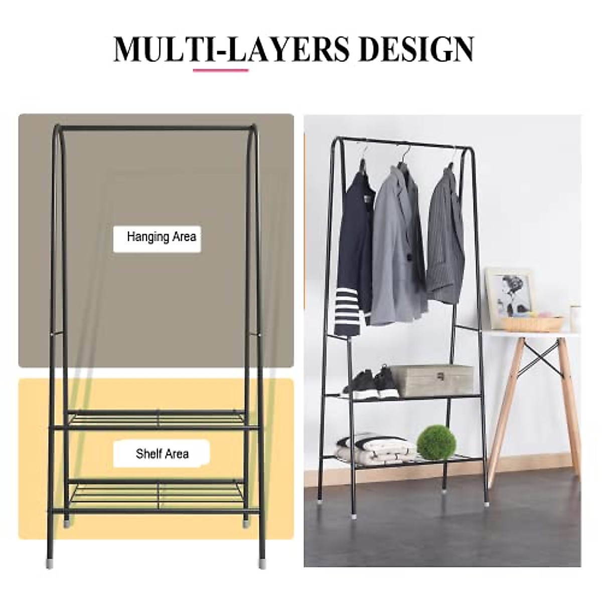 KAREZONINE Clothing Rack, Heavy Duty Clothes Rack Portable Garment Rack with 2-Tier Shelves, Double Rod Metal Coat Rack Freestanding with Bottom Shelves for Shoes Rack Organizer - Black