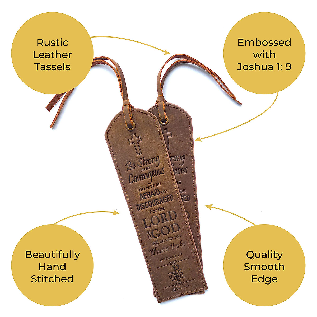 Leather Bible Bookmarks - 2 Leather Christian Bookmarks with Inspirational Bible Verse | Joshua 1: 9 Be Strong & Courageous | Perfect Religious Book Marker Gifts for Men, Women, Readers and Friends