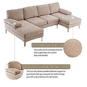 VERYKE U Shape Sectional Sofa Couch,Modern 110'' Chenille Fabric Sectional Couch Sofa, Upholstered Sofa Bed with Golden Metal Legs for Living Room