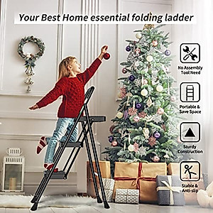 3 Step Ladder Folding Step Stool with Wide Anti-Slip Pedals and Comfort Handgrip for Kitchen Household and Office, Lightweight Capacity 500lbs Sturdy Step Ladder（Black）