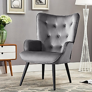 Furniliving Modern Accent Chair, Velvet Tufted Button Wingback Chair Upholstered Side Armchair Comfy Lounge Chair with Tapered Legs Sofa Leisure Chair for Home Office/Living Room/Bedroom, Grey