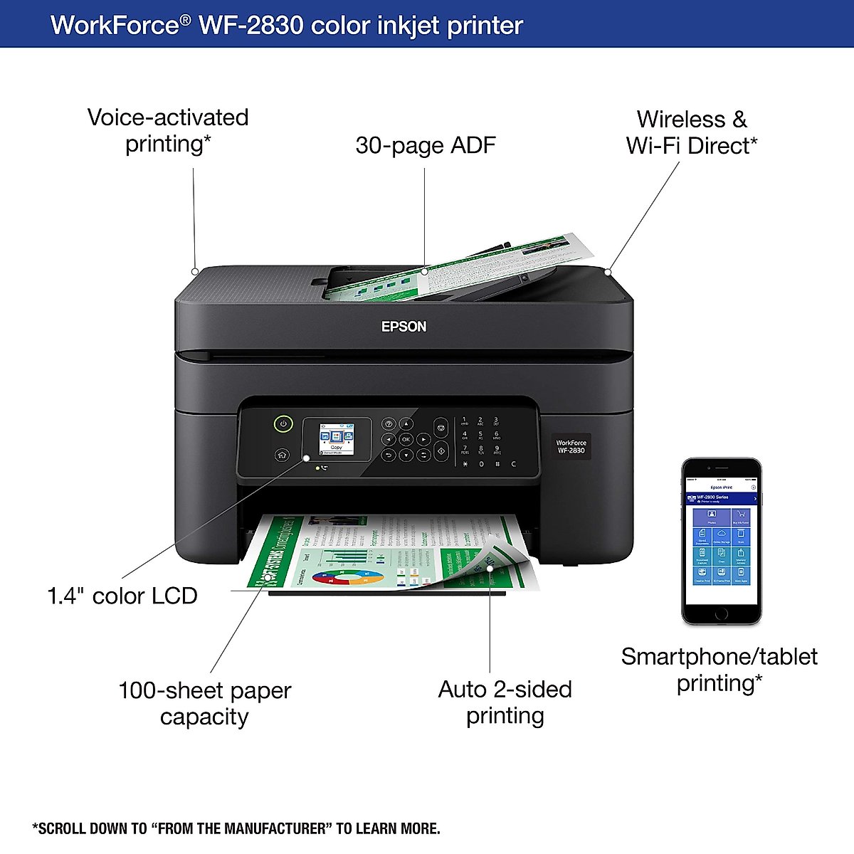 Epson Workforce WF-2830 Wireless Color Inkjet All-in-One Printer, Print Scan Copy and Fax, Automatic 2-Sided Printing, 1. 4" Color LCD, 100-sheet Paper Tray, Wi-Fi Direct Connectivity, Black