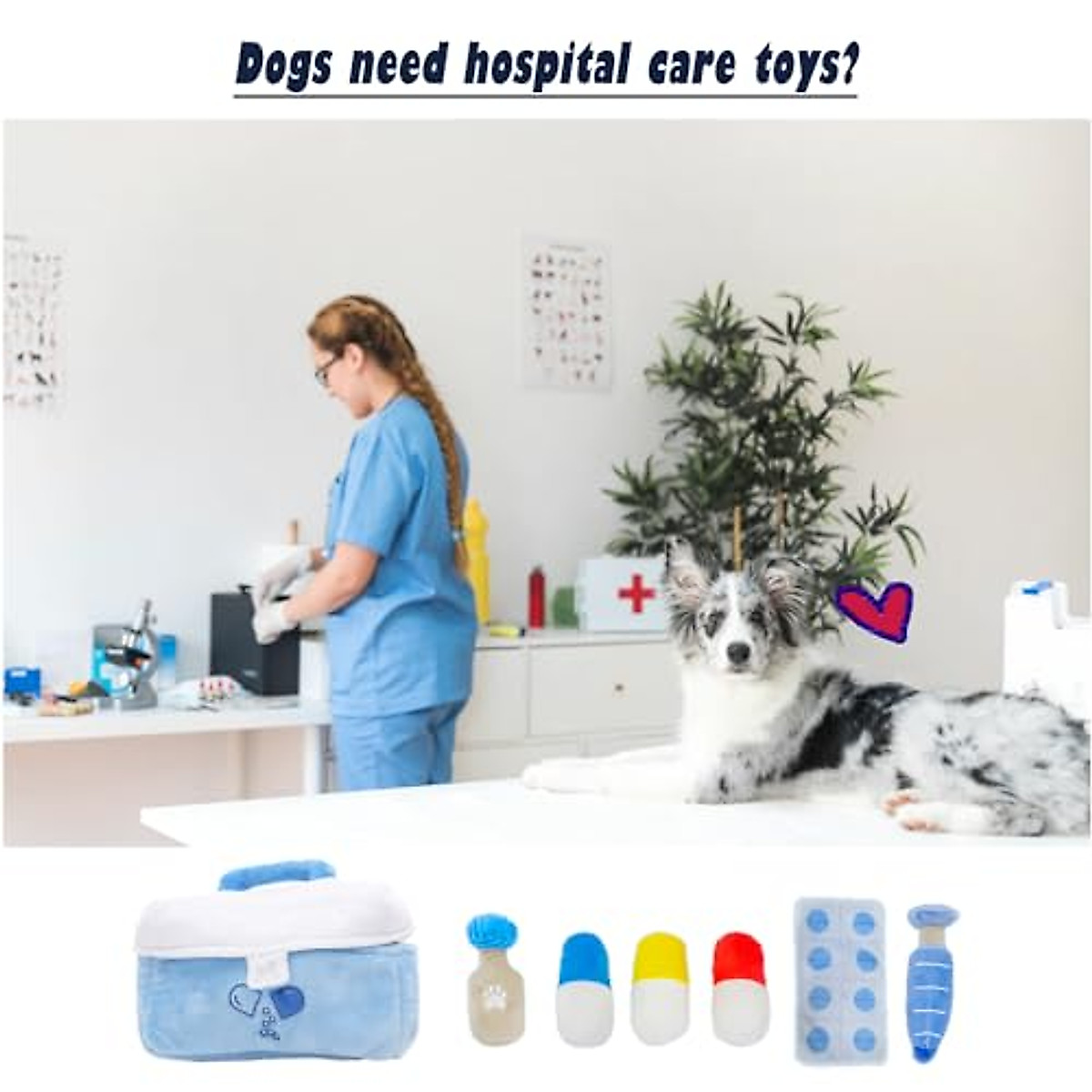 wowmolly Medicine Box Design Plush Chew Dog Toys Including Syringe 3 Pills Tablet Pill Potion Bottle Squeaky Interactive Custom Stuff Pet Toy for Small, Medium Dogs