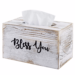 MyGift Rustic Whitewashed Solid Wood Tissue Box Holder Cover, Rectangular Tissue Holder with Easy Slide Out Bottom and Bless You Cursive Lettering