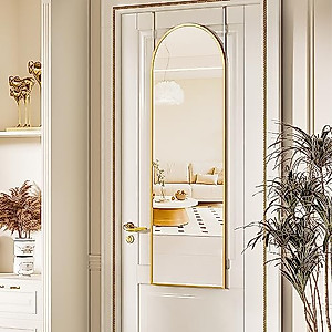 Antok Over The Door Mirror Full Length, 50"x16" Arched Top, Gold Frame, Modern Style, Shatterproof, Adjustable Height, Bedroom, Bathroom, Living Room