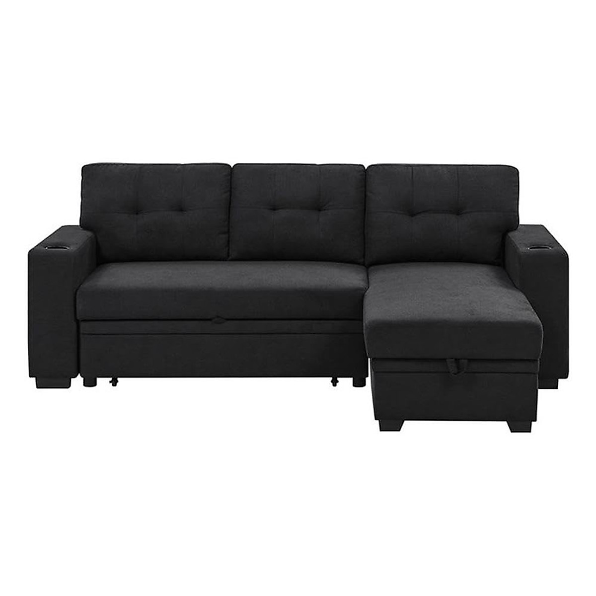 Trent Home Upholstery Polyester Blend Fabric Convertible Sectional Sleeper Sofa with Cup Holders in Black