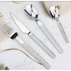 Silverware Set Flatware Cutlery Geometric Hammered Stainless Steel Kitchen Utensils Tableware，Mirror Finished，Service with Steak Knives Dinner Fork Knife Spoon