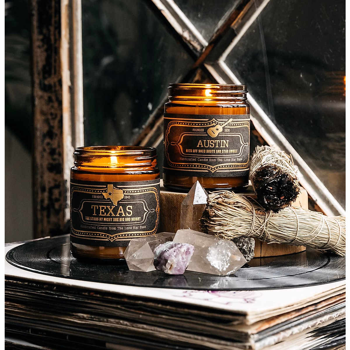 Jackson Vaughn Scented Texas Candle, Texas Holiday - Scents of Toasted Pecan, Vintage Leather, Eggnog, Cardamom, Ginger, Cinnamon - 9oz Jar - 40 Hour Burn Time