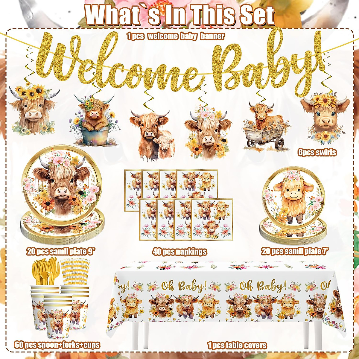 Yingoto 148pcs Brown Cow Baby Shower Decorations Tableware Set for 20 Guests, Cowboy Cowgirl Baby Shower includes Brown Cow glitter Banner Hanging Swirls Plates Napkins Cup Fork Straw and Tablecloth