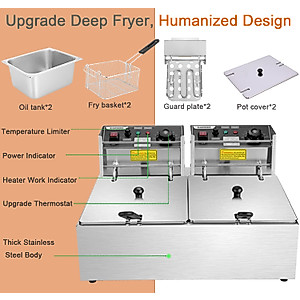 20.7 Qt Professional Deep Fryer with 2 x 6L Baskets, Large Electric Commercial Deep Fryer for Kitchen Restaurant Home Use, Countertop Dual Tank Deep Fryer for Turkey Chicken Fish Oil Less Deep Fryers