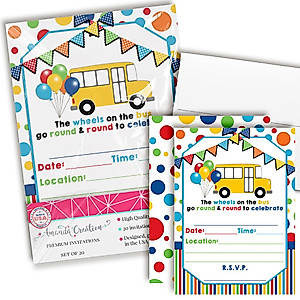 Amanda Creation Wheels on the Bus Themed Birthday Party Fill In Invitations set of 20 with envelopes