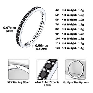 ChicSilver 2MM Women Sterling Silver Engagement Ring Black CZ Cubic Zirconia Eternity Wedding Band Size 8