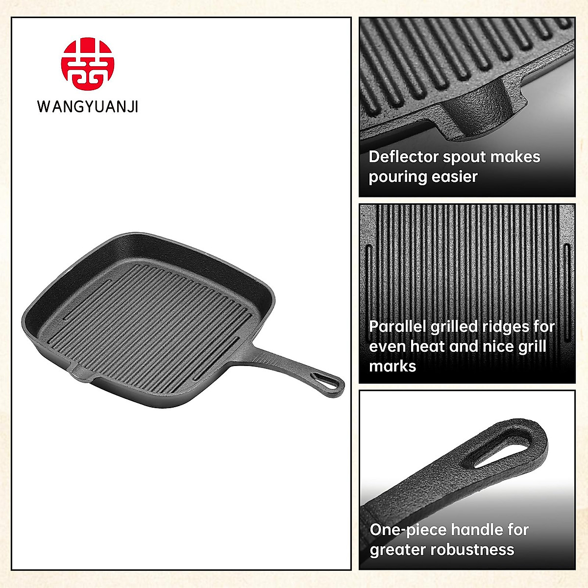 WANGYUANJI Cast Iron Grill Pan,Square Nonstick Grill Pan with Spatula and Brush,9Inch Barbecue Pan for Grill,Stove,Oven and Campfire