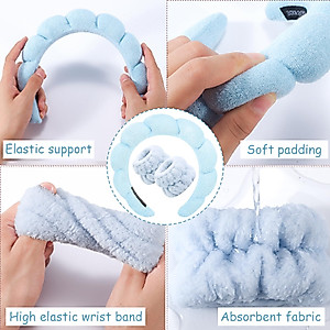 Zkptops Spa Headband for Washing Face Wristband Set Sponge Makeup Skincare Headband Terry Cloth Bubble Soft Get Ready Hairband for Women Girl Puffy Padded Headwear Non Slip Thick Hair Accessory(Blue)