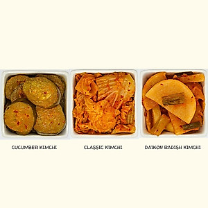 Olive My Pickle Fermented Kimchi Variety Pack - 48 Ounces | 3-Pack Bundle of Classic, Cucumber, and Daikon Radish Kimchi | Fresh & Flavorful Korean Food with Natural Probiotics for Gut Health - Perfect for Ramen & Spicy Noodles