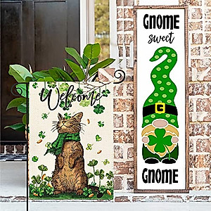 AVOIN colorlife St Patricks Day Welcome Cat Garden Flag 12x18 Inch Double Sided, Shamrock Lucky Clover Rustic Holiday Yard Outdoor Flag
